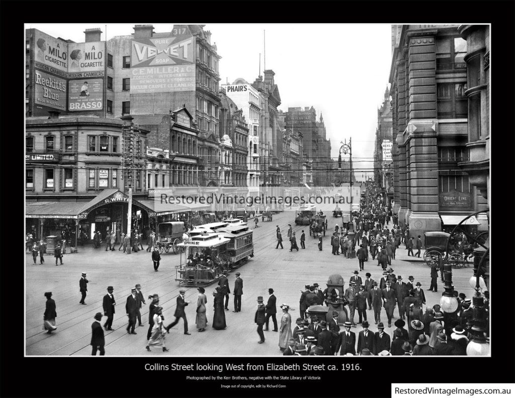 Collins St looking west from Elizabeth ca.1916 - Restored Vintage Images