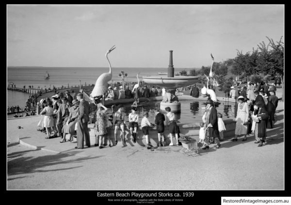 Eastern Beach Playground and fountain ca.1939 - Restored Vintage Images
